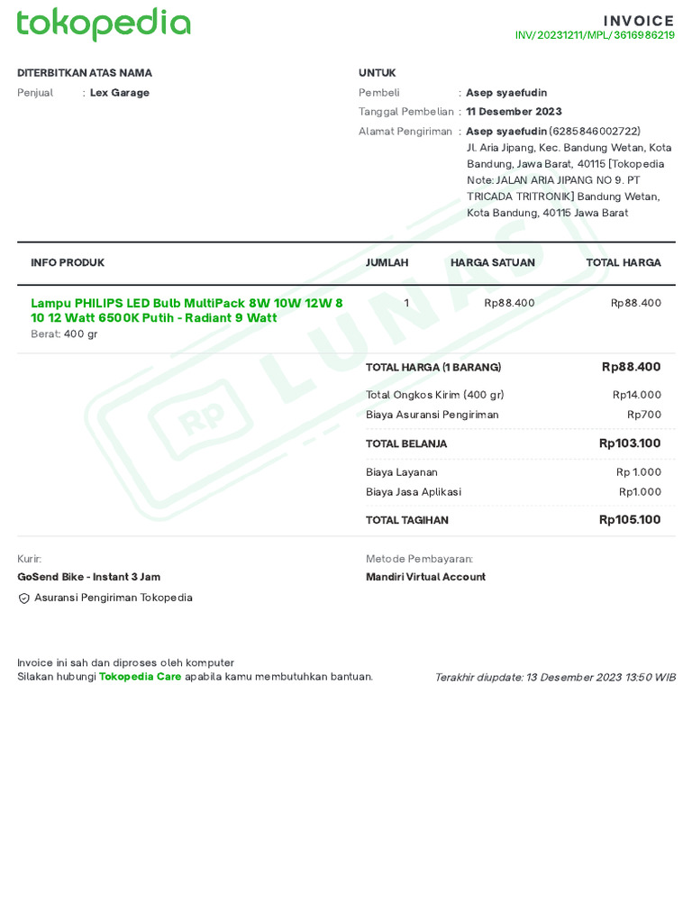 Invoice Pembelian Lampu Philips | PDF