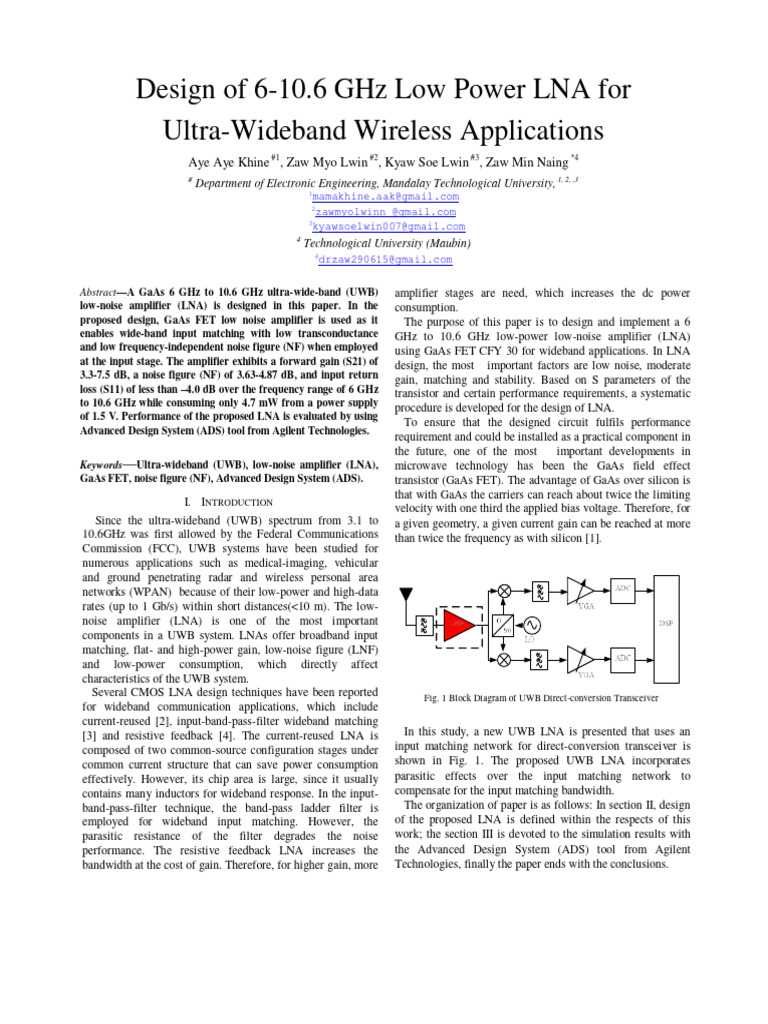 1 Design Of 6 10 6 Ghz Low Power Lna For Ultra Wideband Wireless
