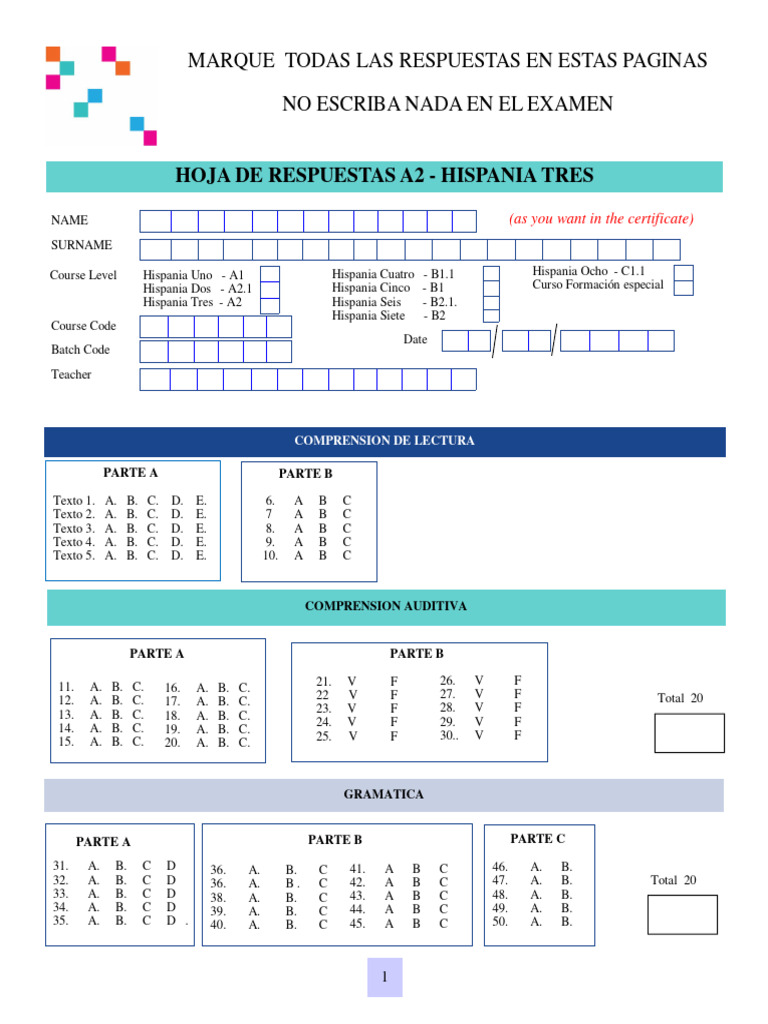 Hispania 3, Hoja de Respuestas | PDF