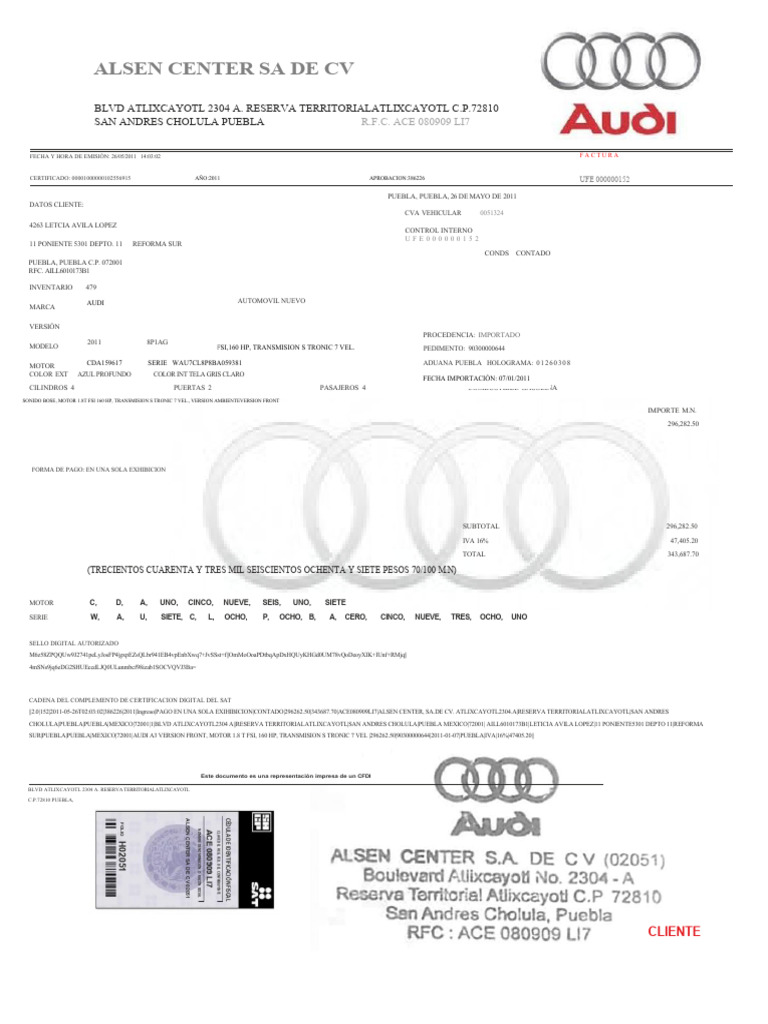 Factura Audi A3 1.8T FSI 2011 | PDF | Industria automotriz | Autos de ...