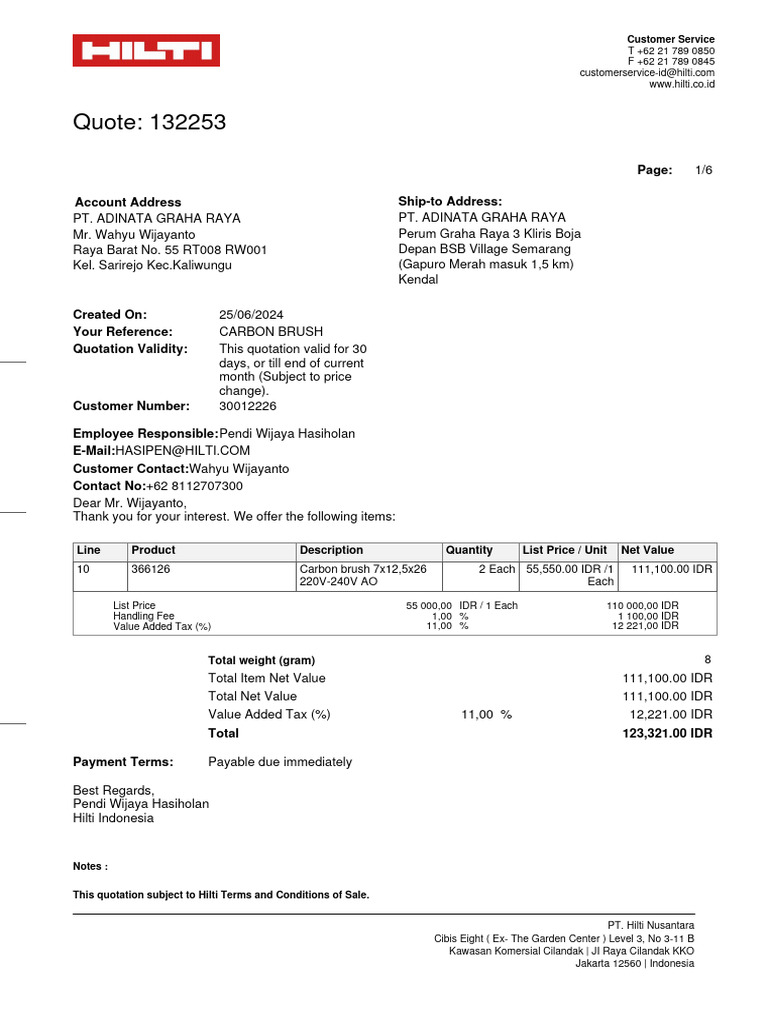 Quotation 132253 - Carbon Brush | PDF | Indemnity | Legal Liability