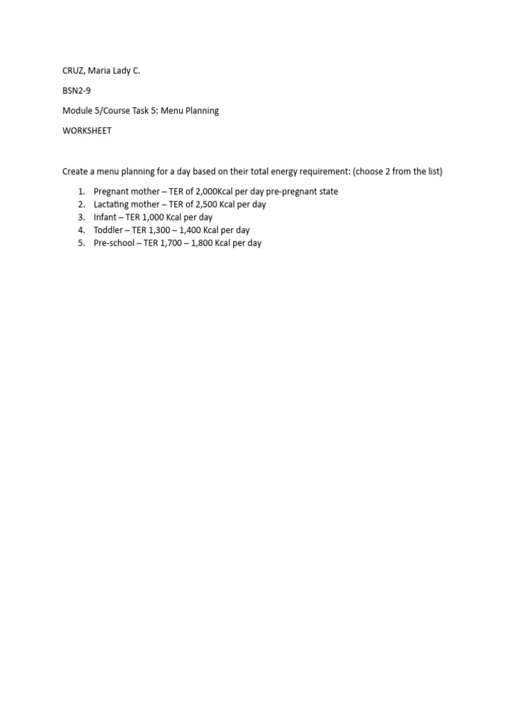 Course Task 5 Menu Planning | PDF