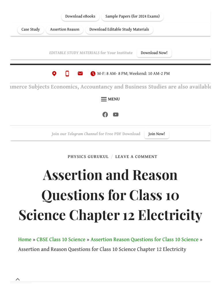 Class 10 Electricity Assertion Questions | PDF | Electrical Resistance ...
