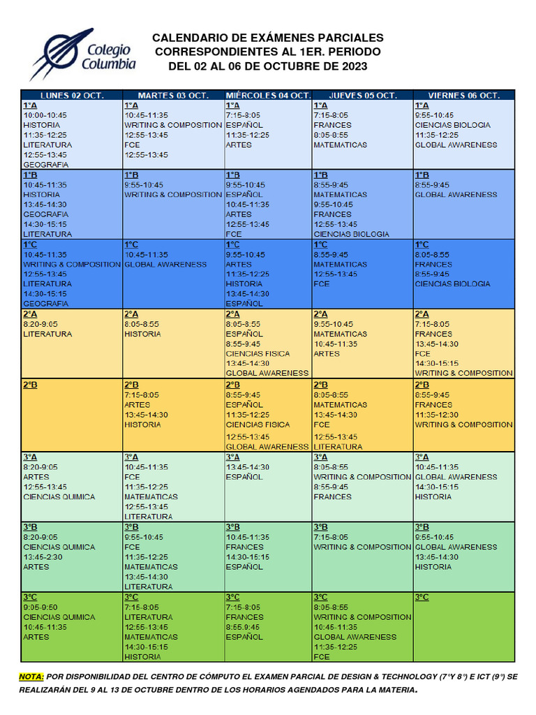 Calendario de Examenes Parciales 1er. Trimestre 2023-2024 (Aula Escolar ...