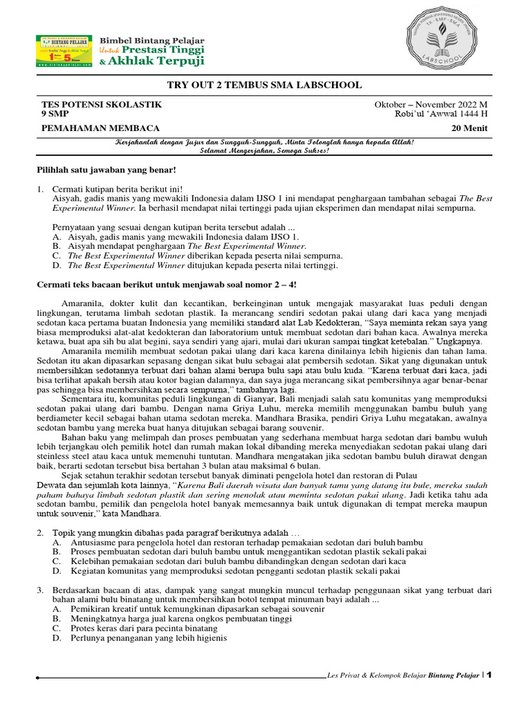 TO 2 TPS (Pemahaman Membaca) Tembus SMA Labschool 2022-2023 | PDF | Seni & Disiplin Bahasa