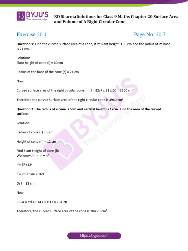 RD Sharma Jan2021 Solution Class 9 Maths Chapter 20 Exercise 20.1 | PDF | Area | Surface Area