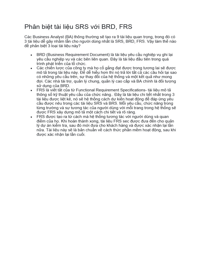 Phân Biệt Tài Liệu SRS Với BRD, FRS | PDF
