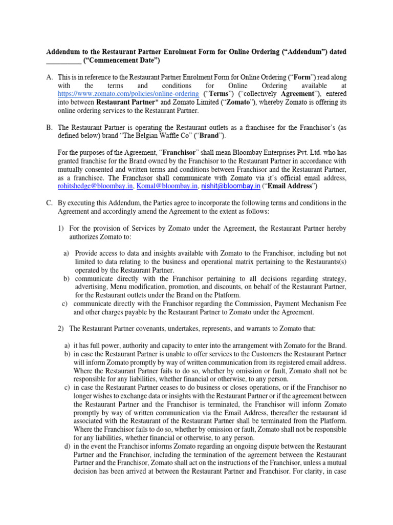 BWC Addendum | PDF | Franchising | Indemnity