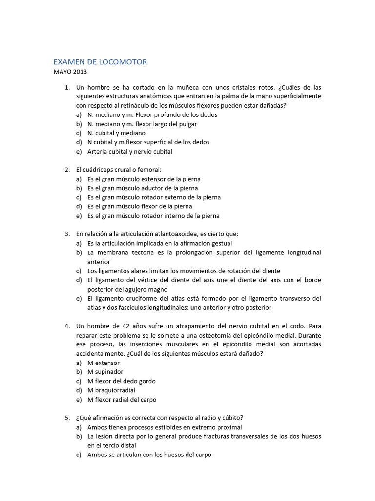 Examen Locomotor Mayo 2013 | PDF | Mano | Codo