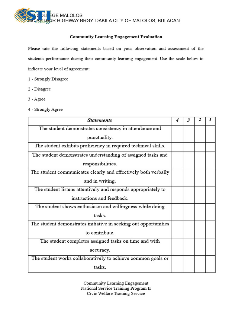 Community Engagement Evaluation | PDF | Critical Thinking | Rubric (Academic)