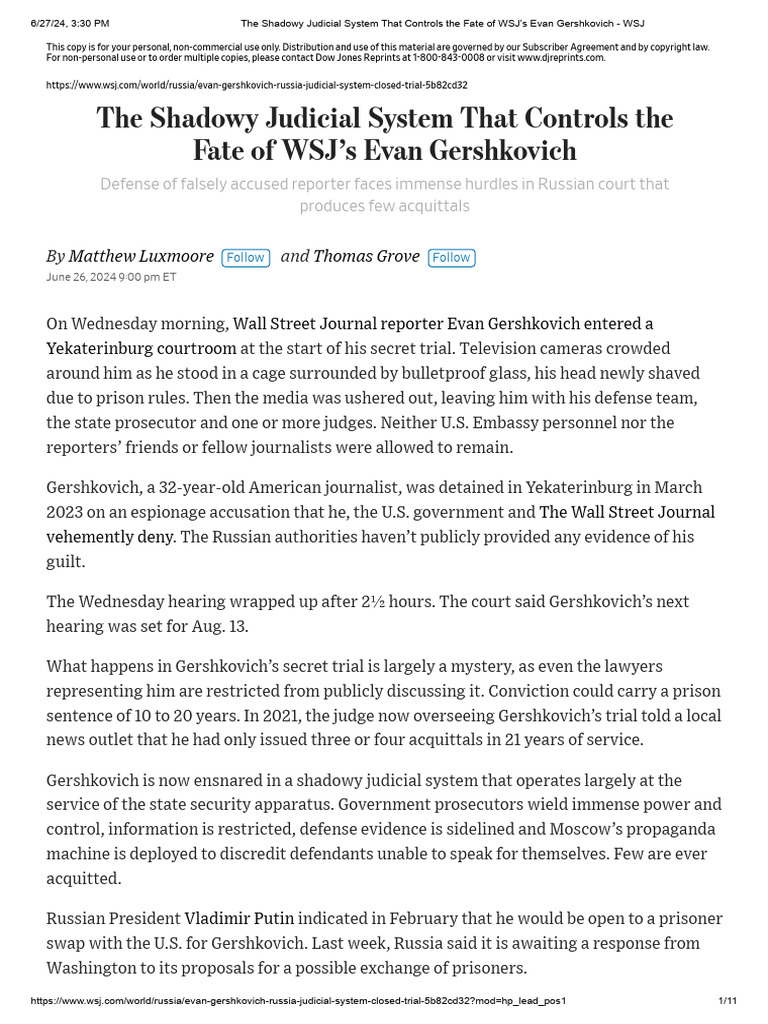 The Shadowy Judicial System That Controls The Fate of WSJ's Evan Gershkovich - WSJ | PDF ...