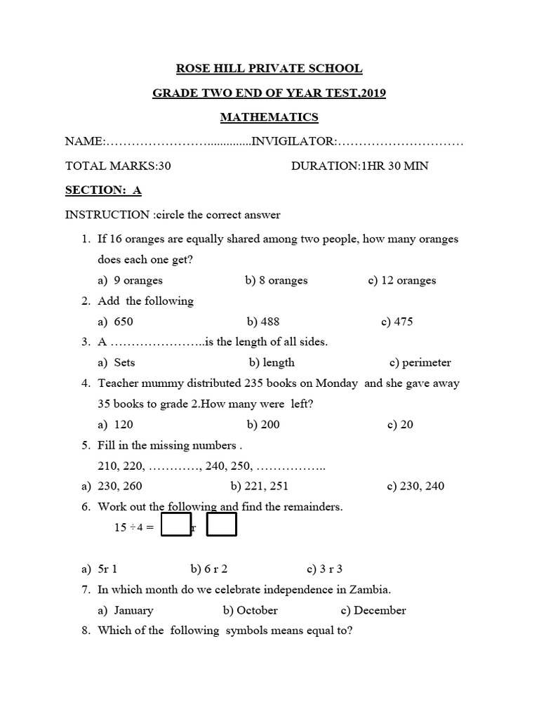 Maths Grade Two End of Term Test | PDF | Agriculture