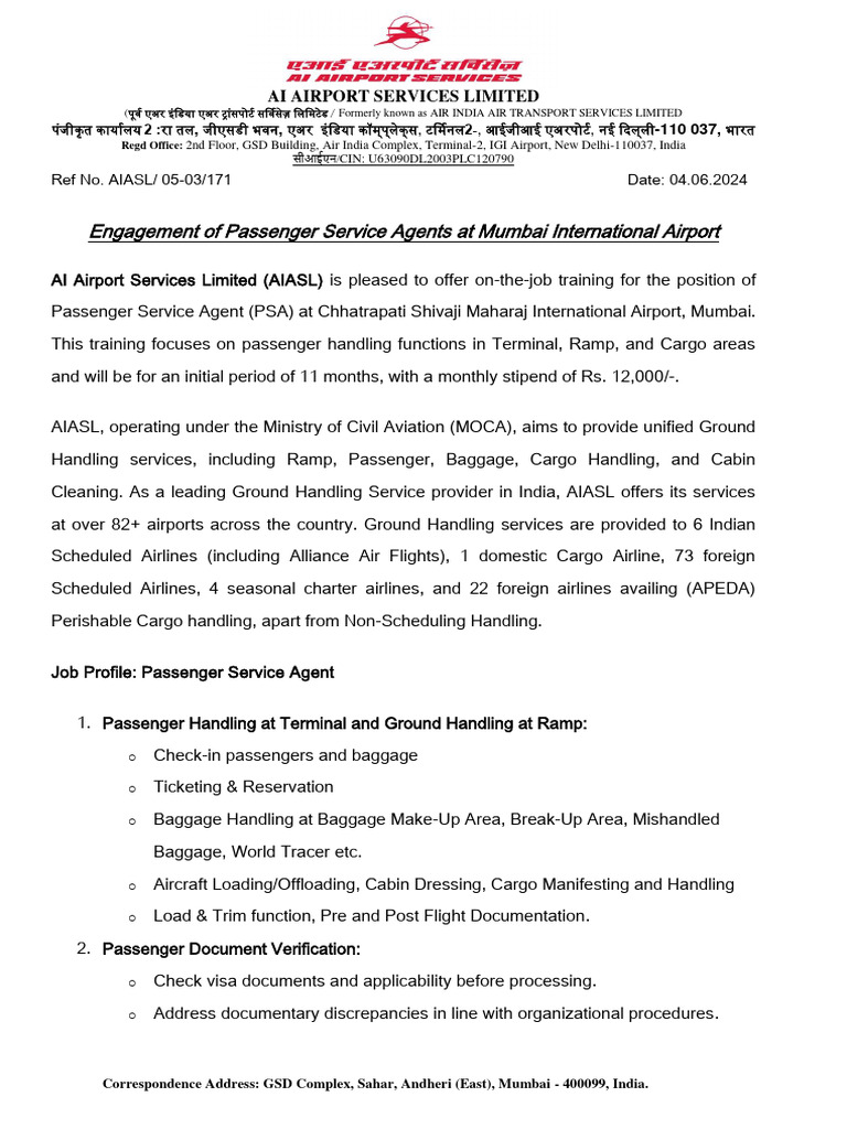 Notification - Passenger Service Agents - BOM Airport. | PDF | Airport ...