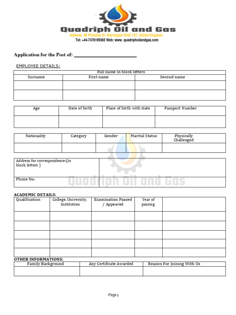 Quadriph Oil and Gas Employment Application Form | PDF | Employment