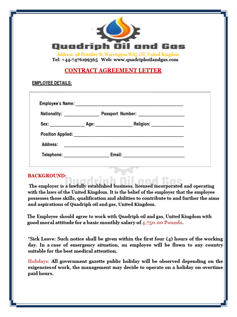 Quadriph Oil and Gas Contract Agreement Letter | Download Free PDF ...