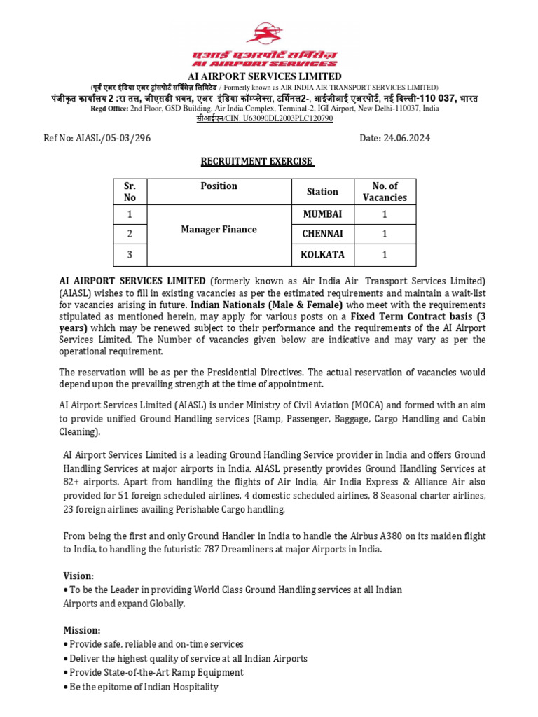 AIASL Recruitment for Finance Manager | PDF