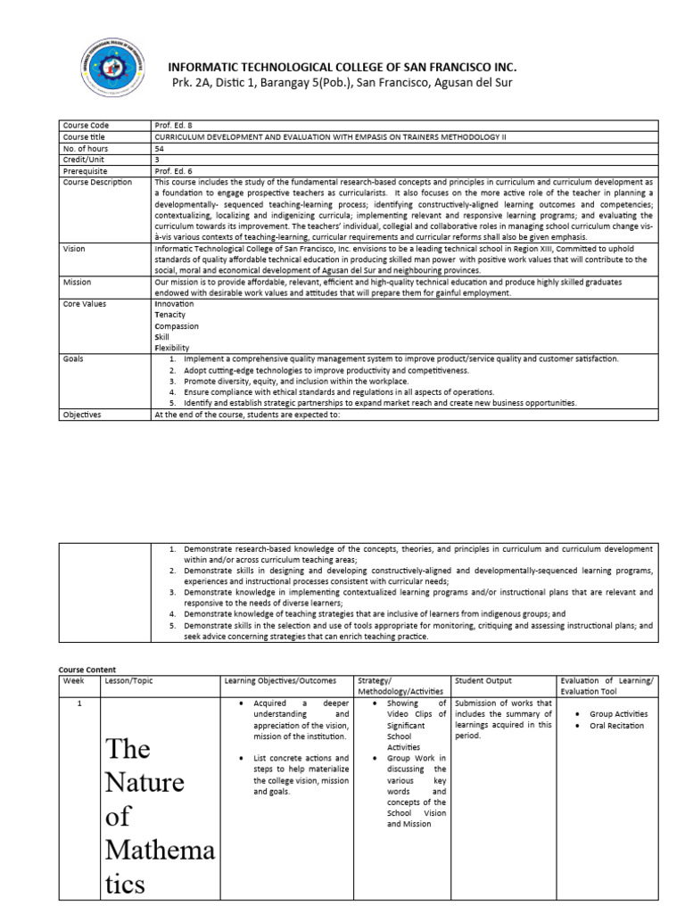 PROF. ED. 8 Curriculum Development and Evaluation With Empasis On Trainers Methodology II | PDF ...