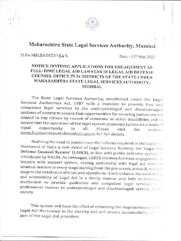MSLSA-Notice Inviting Applications - Compressed | PDF | Legal Aid ...