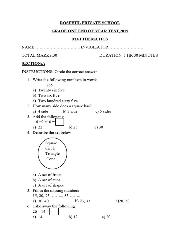 Grade One Math Test 2019 | PDF | Mathematics