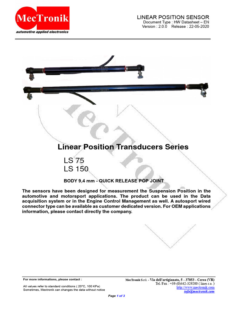 Linear Position Sensor Datasheet | PDF