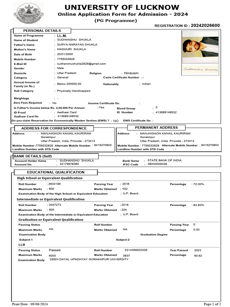 Lucknow LLM Admission Form | PDF