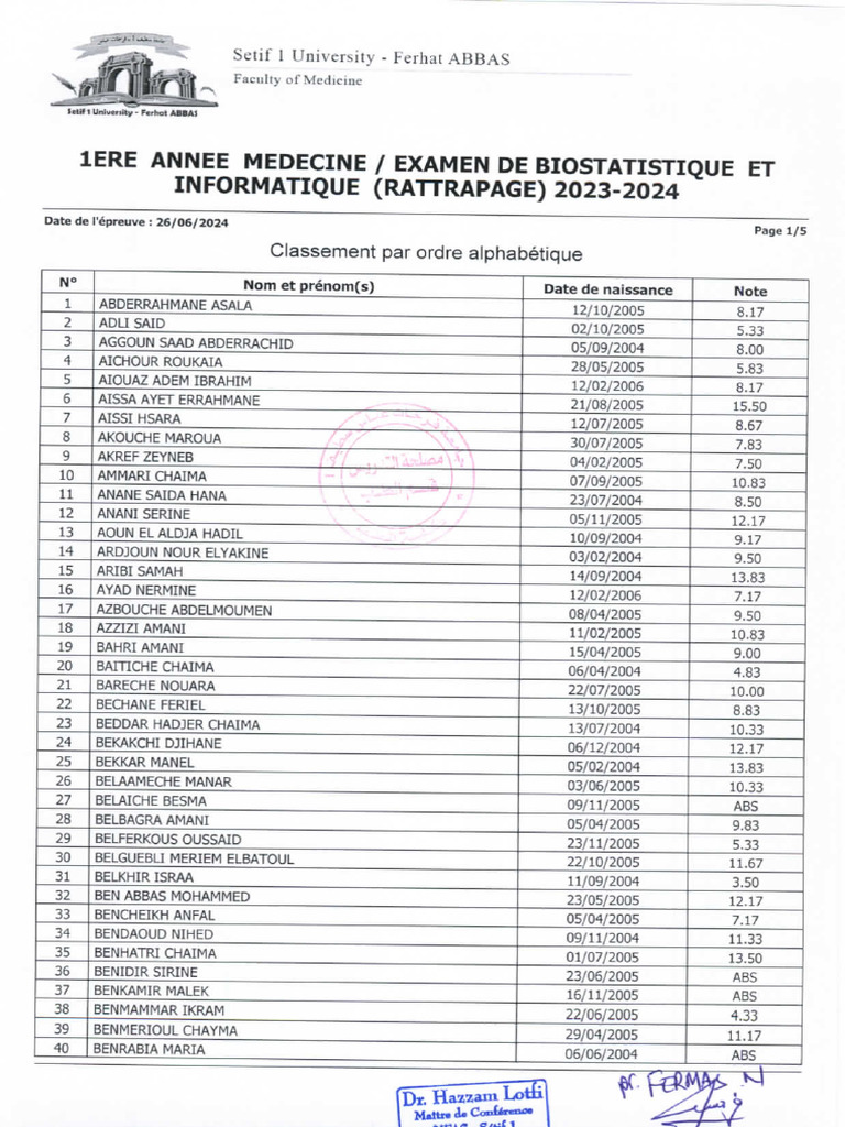 PV Rattrapage 1ere Annee 2023 2024 Biostatistique Et Informatique | PDF