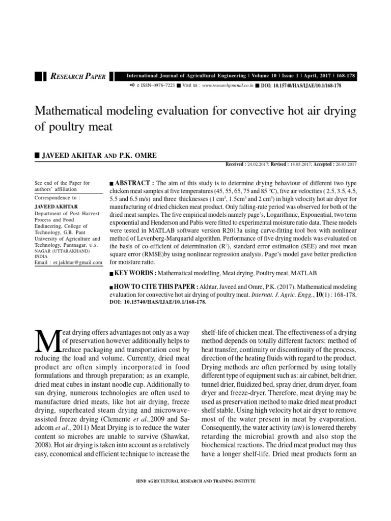 Mathematical Modeling Evaluation For Convective Hot Air Drying of Poultry Meat | PDF ...
