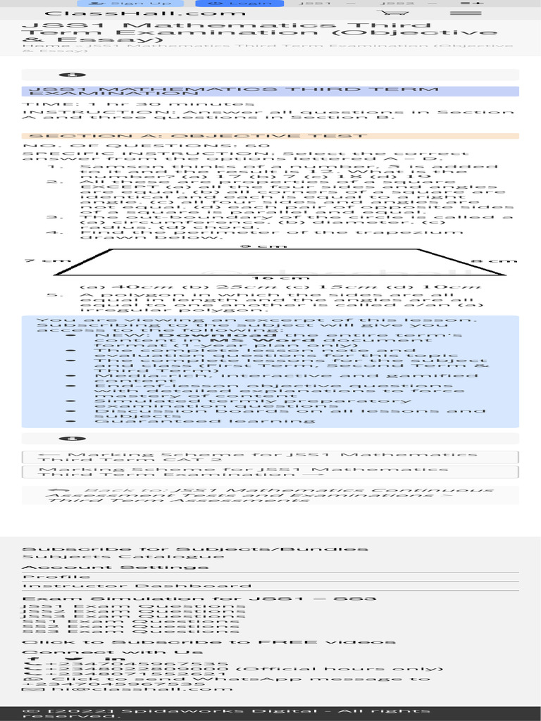 JSS1 Mathematics Third Term Exam | PDF | Circle | Euclidean Geometry