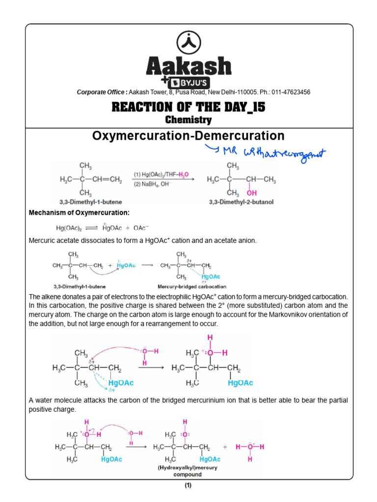 15 Oxymercuration-Demercuration | PDF | Physical Chemistry | Chemistry