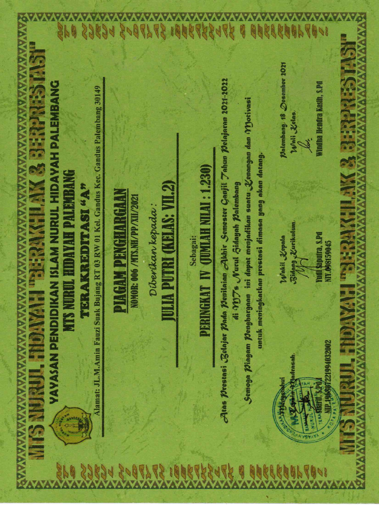 Piagam Juara 4 Kelas 7 Ganjil Tp.2021-2022 Julia | PDF Piagam Juara 4 Kelas 7 Ganjil Tp.2021-2022 Julia | PDF