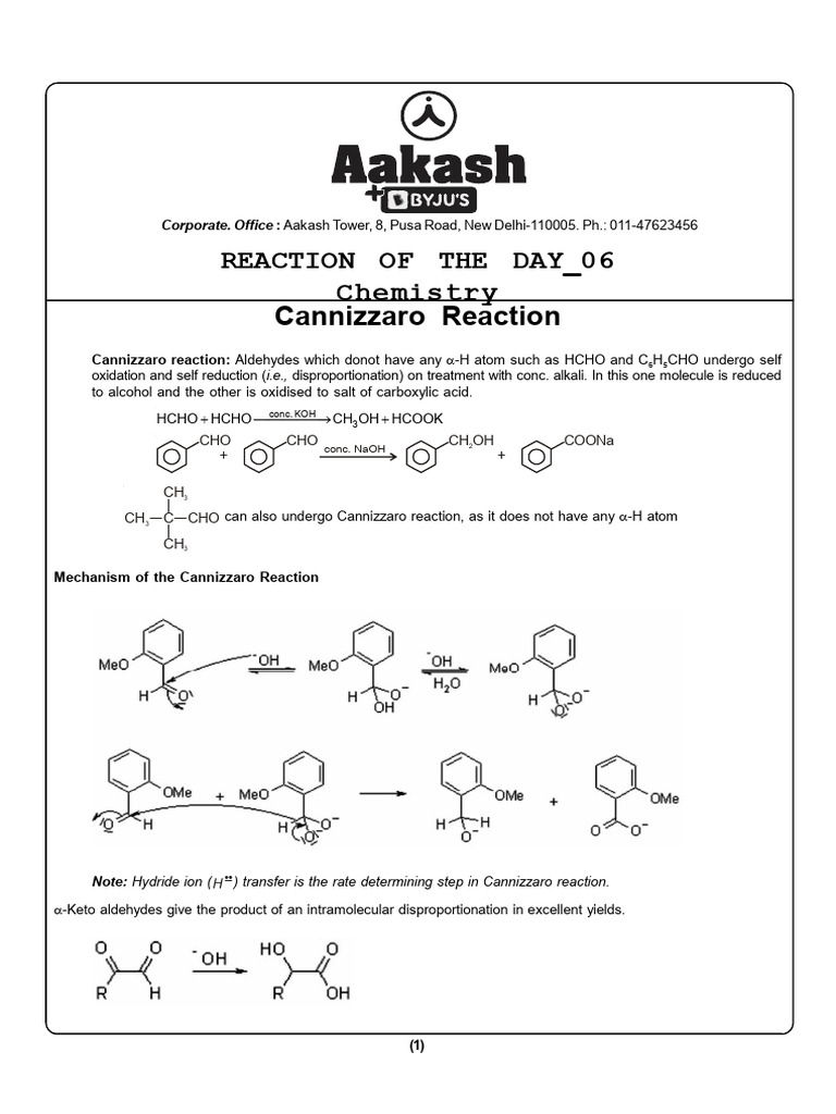 Cannizzaro Reaction Explained | PDF | Aldehyde | Redox