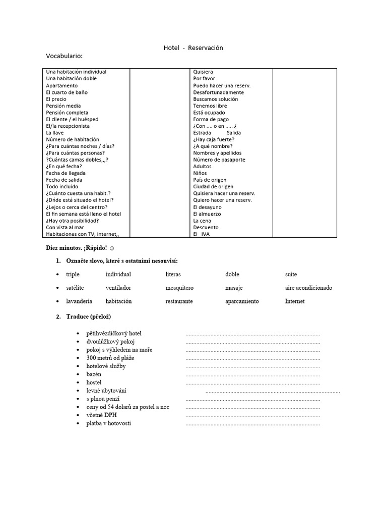 Hotel Vocabulario Recepción | PDF