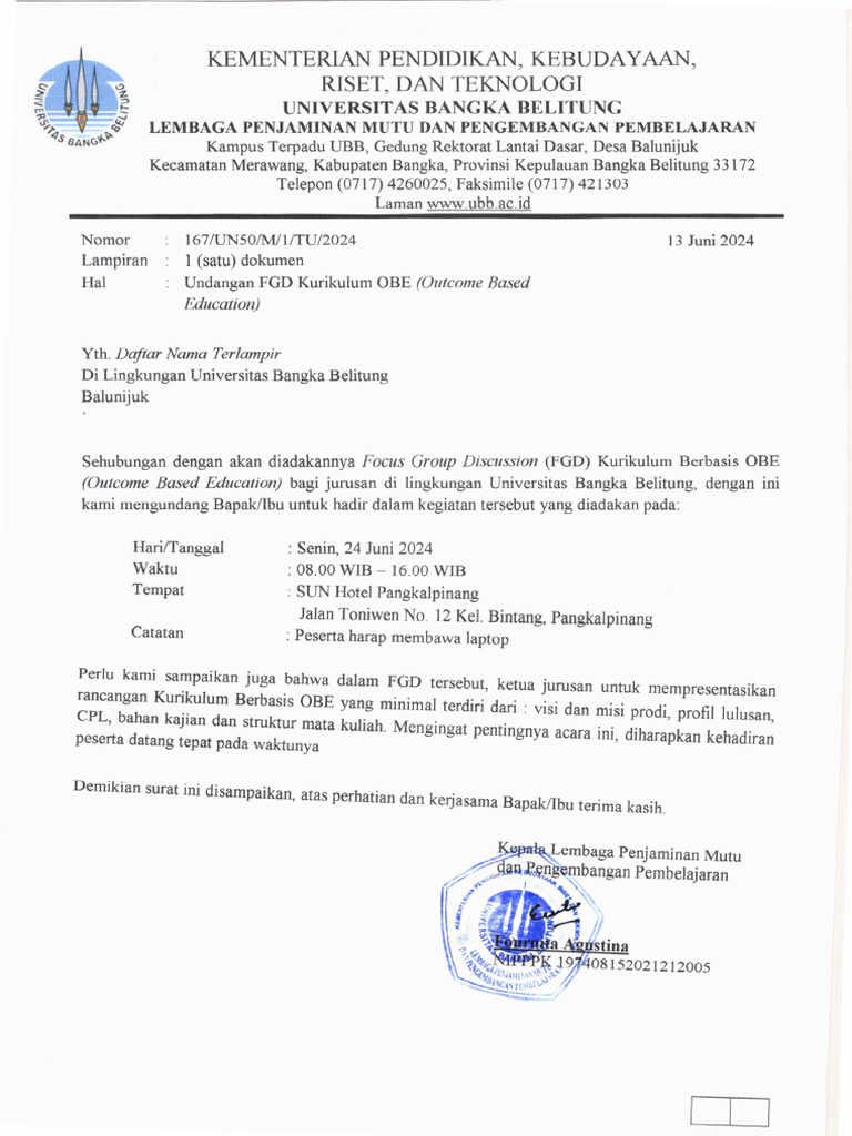 167 Undangan FGD Kurikulum OBE 2024 (FST) - 1 | PDF