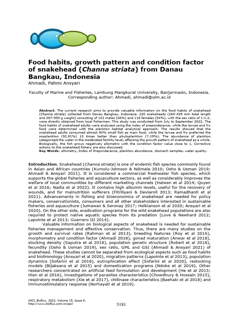 Food Habits, Growth Pattern and Condition Factor of Snakehead (Channa ...