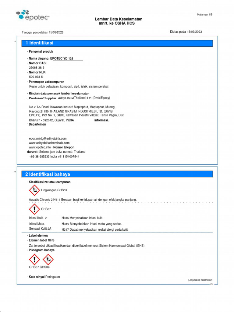 9. MSDS - EPOTEC YD 128 - Indonesia | PDF