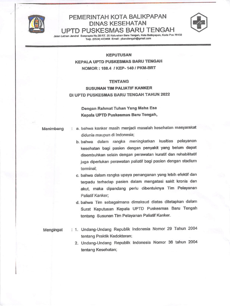 Contoh SK Dan SOP Paliatif - PKM Baru Tengah | PDF