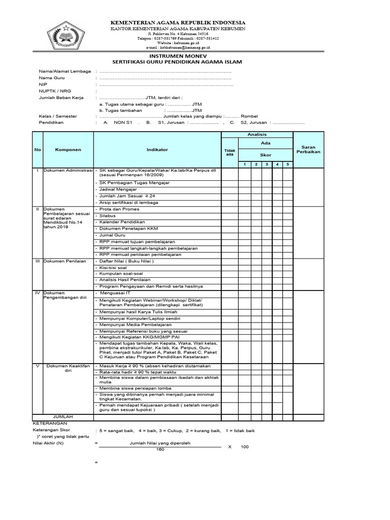 Instrumen Monev Sertifikasi 2023 - Guru | PDF