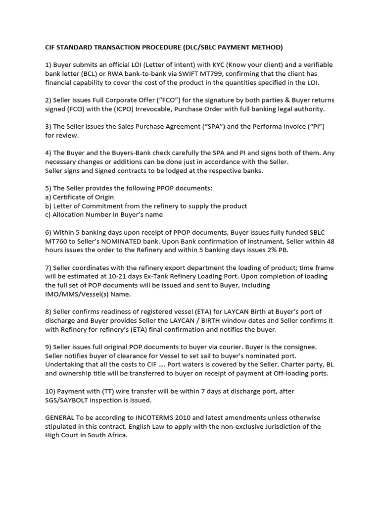 Cif Standard Transaction Procedure (DLC/SBLC Payment Method) | PDF | Letter Of Credit | Business