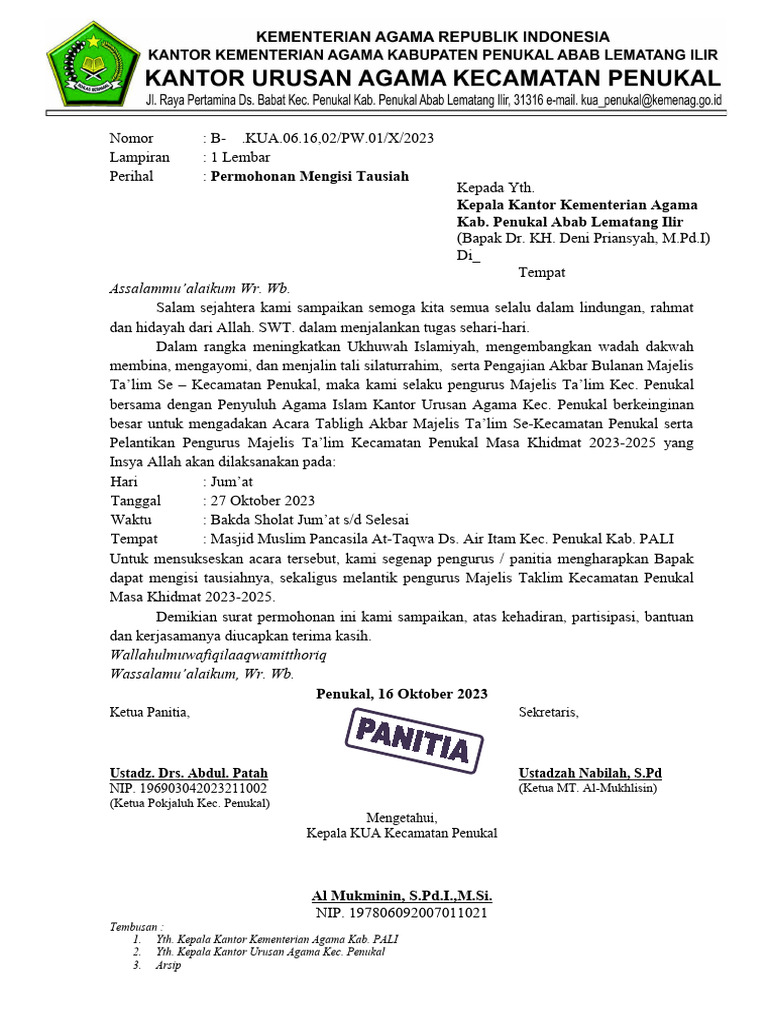 Permohonan Tausiah Dan Undangan Umum 27 Okt 2023 | PDF