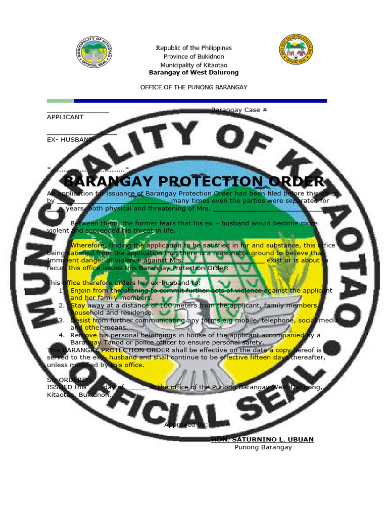 Barangay Protection Order Vawc | PDF