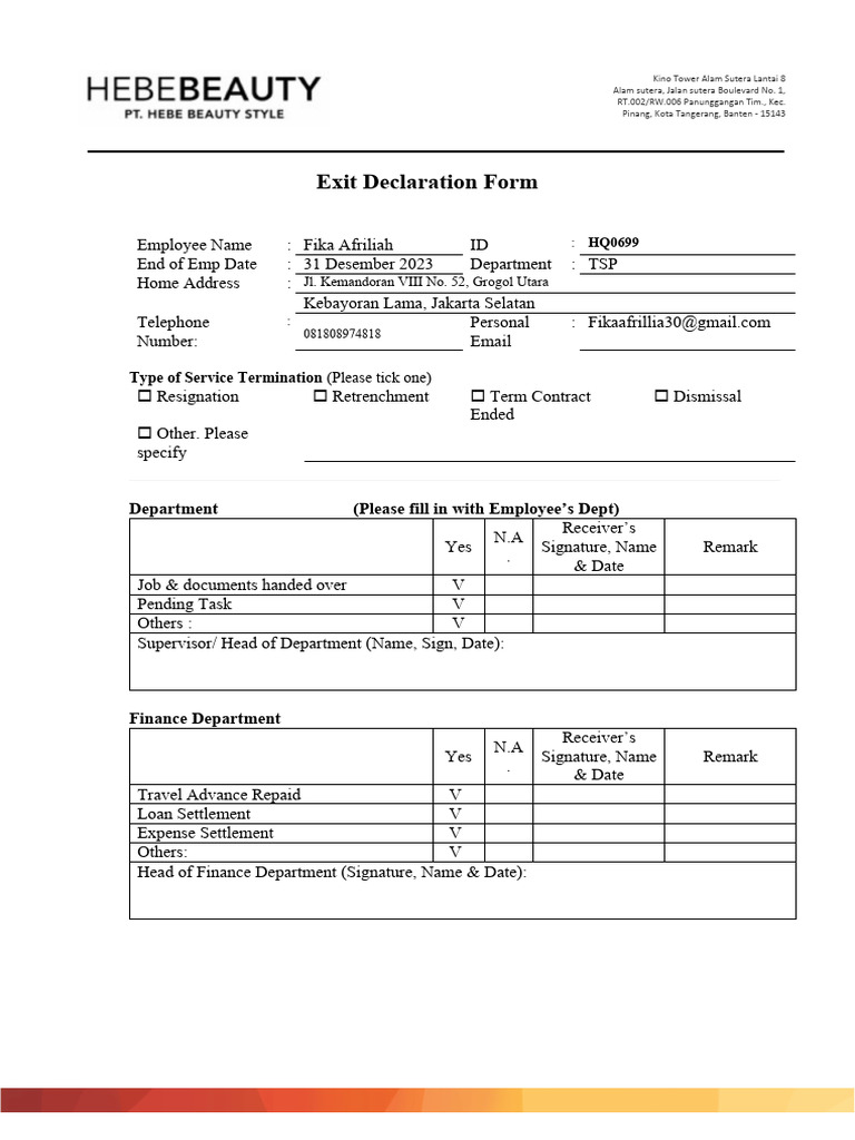 (HEBE) Resign - Exit Declaration Form Salinan | PDF | Business