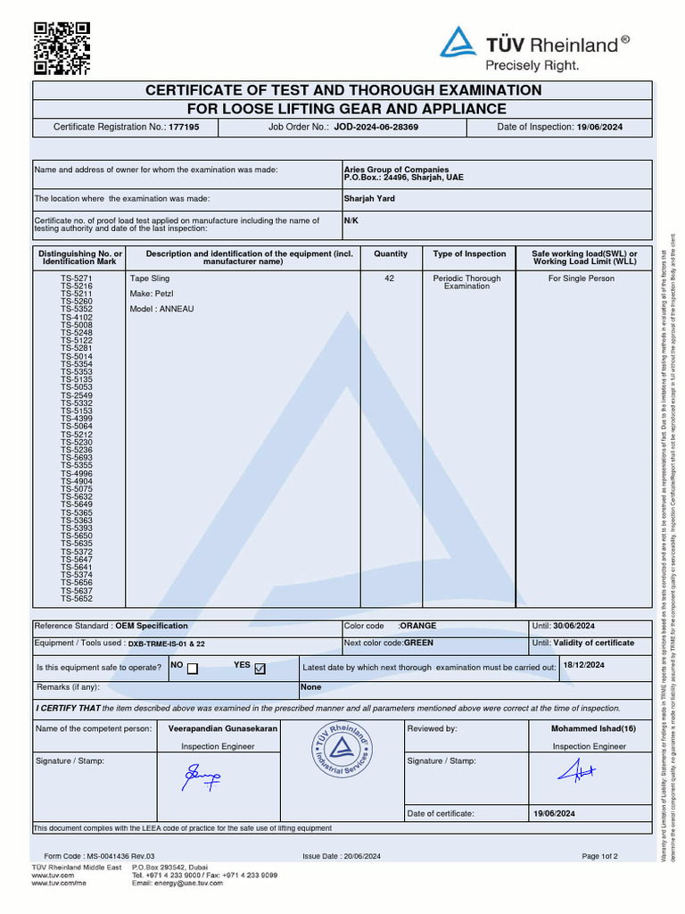 Certificate of Test and Thorough Examination For Loose Lifting Gear and ...
