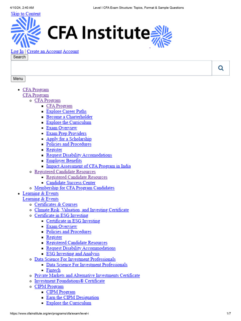 Level I CFA Exam Structure - Topics, Format & Sample Questions | PDF ...