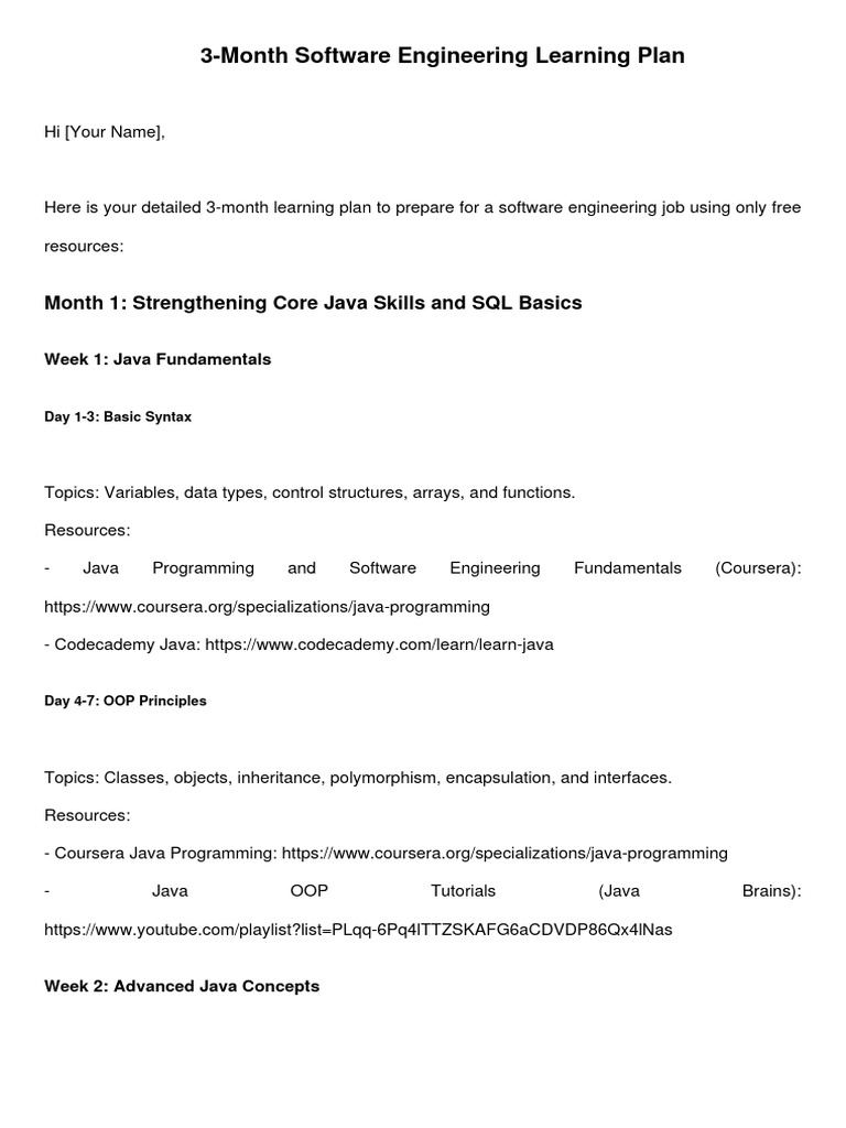 3 Month Software Engineering Learning Plan | PDF | Java (Programming Language) | Object Oriented ...