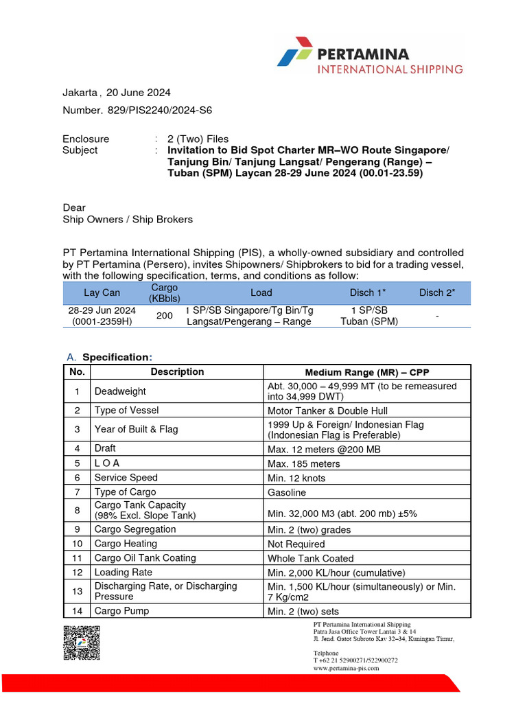 25invitation To Bid Spot Charter MR-WO Route To Tuban (SPM) Laycan 28 ...