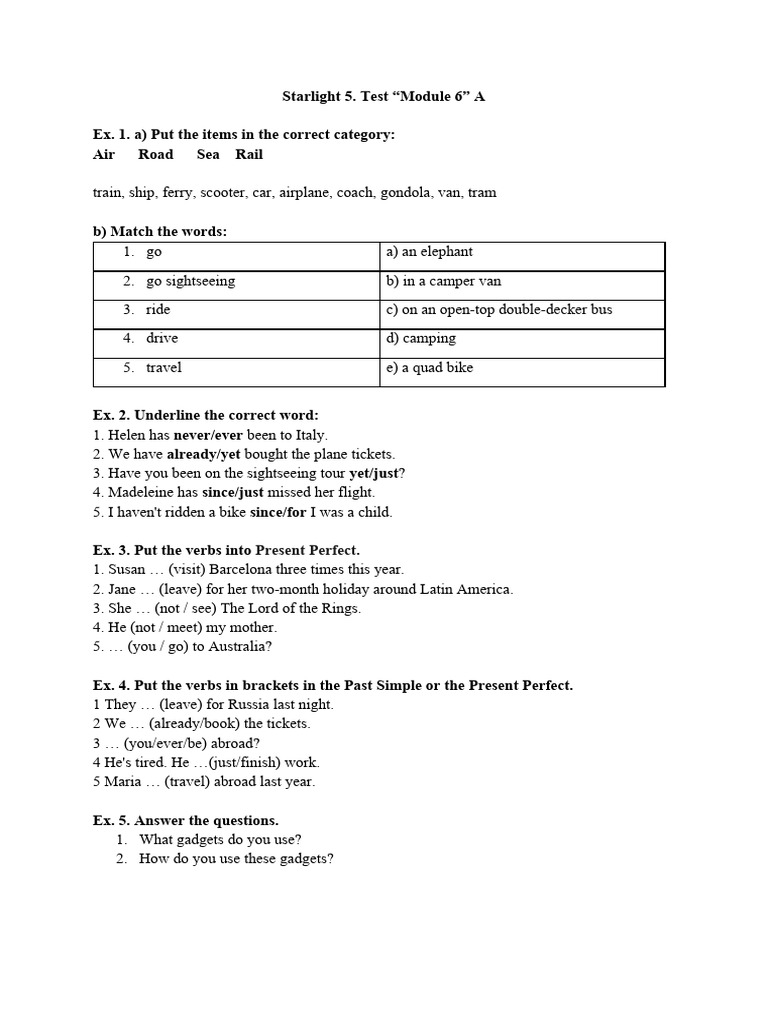Starlight 5 Module 6 Test A & B | PDF | Transport