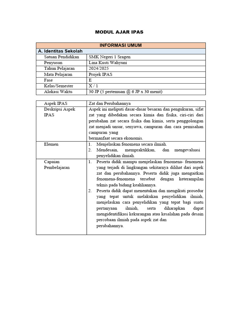 Modul Ajar IPAS: Zat dan Perubahannya | PDF