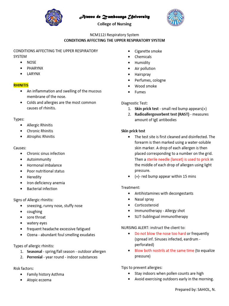 NCM112J Respi Handouts 2 | PDF | Allergy | Common Cold