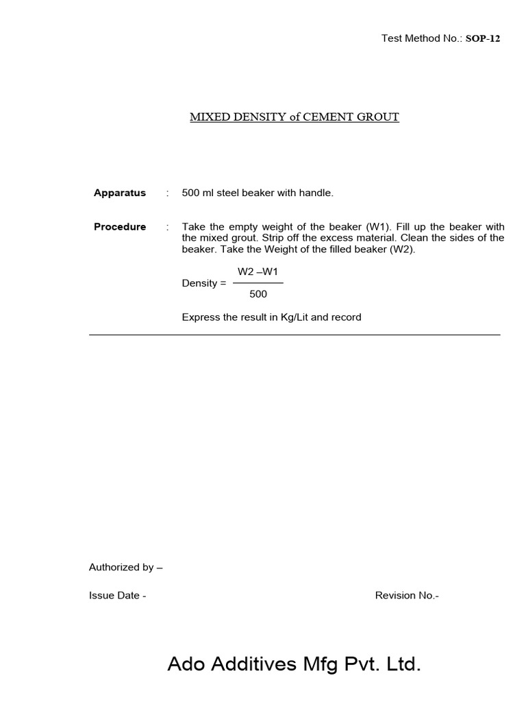 SOP-12 Determination of Grout Mixed Density | PDF