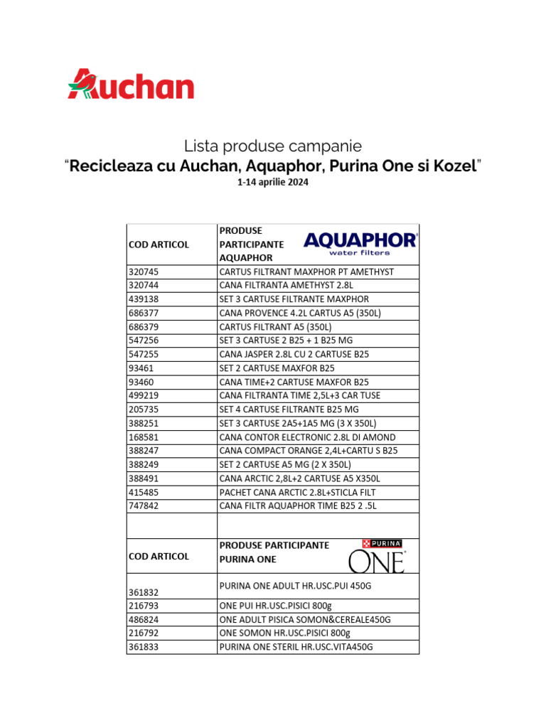 Lista Produse Campanie "Recicleaza Cu Auchan, Aquaphor, Purina One Si Kozel" | PDF | Cooking ...